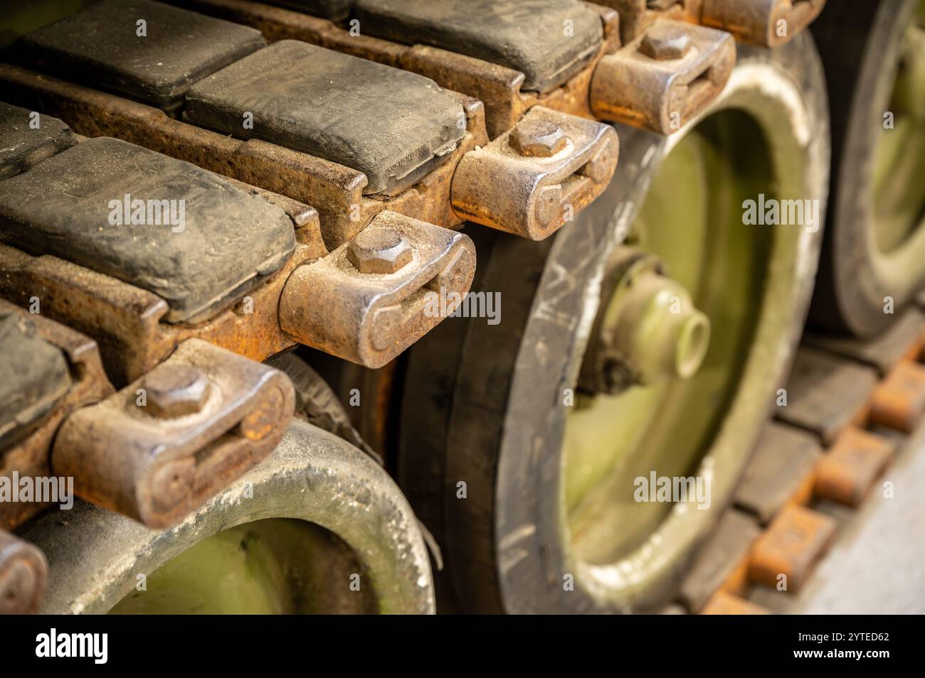 Close-up of the track and drive train of a military tracked vehicle ...
