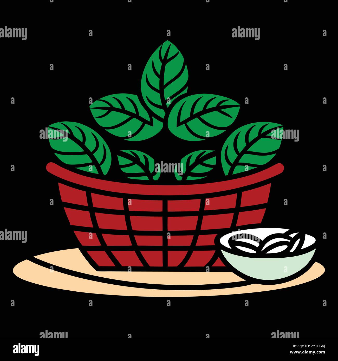 Basil Leaves in Basket with Small Bowl of Dried Basil Vector ...