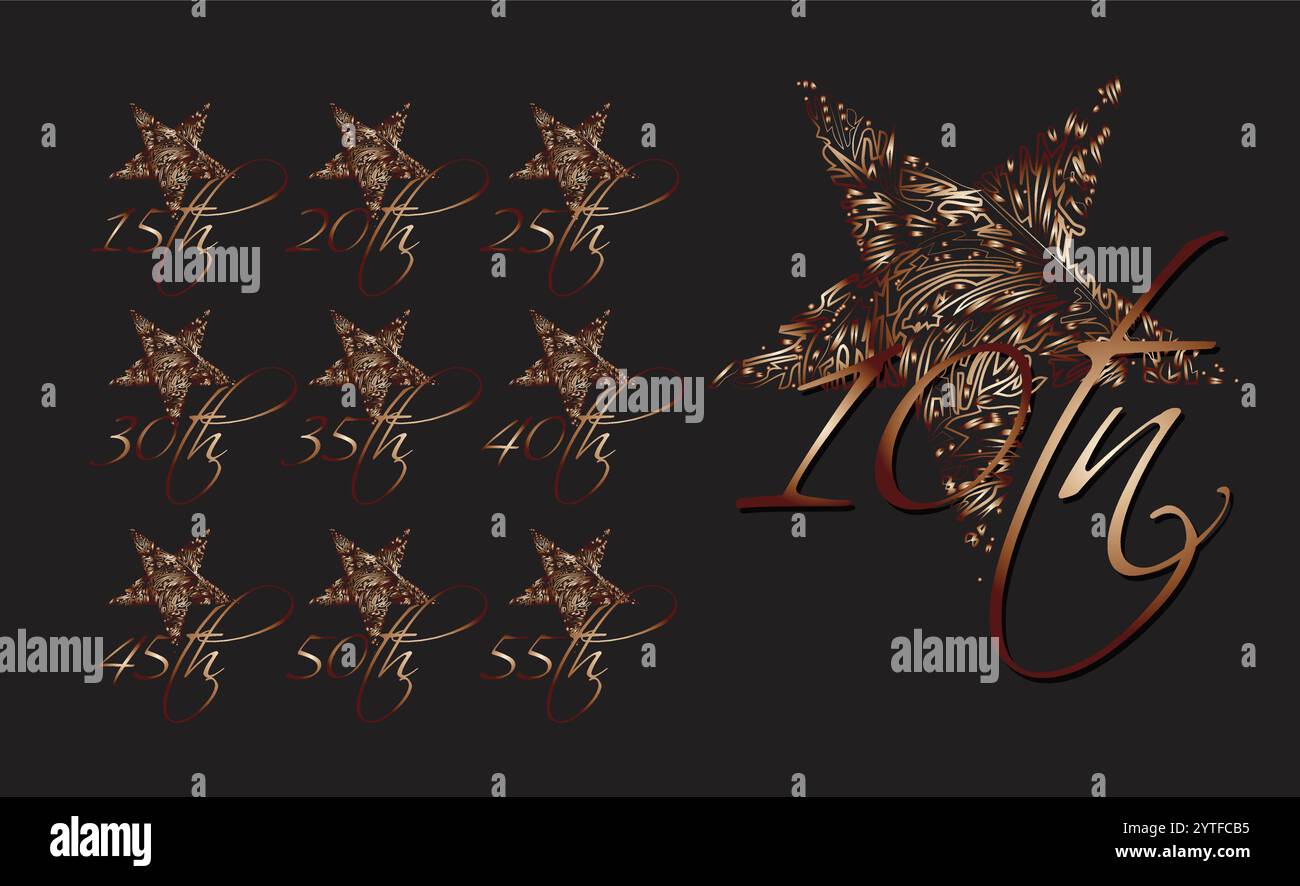 Elegant copper and brown anniversary logos celebrating fifteen to fifty ...