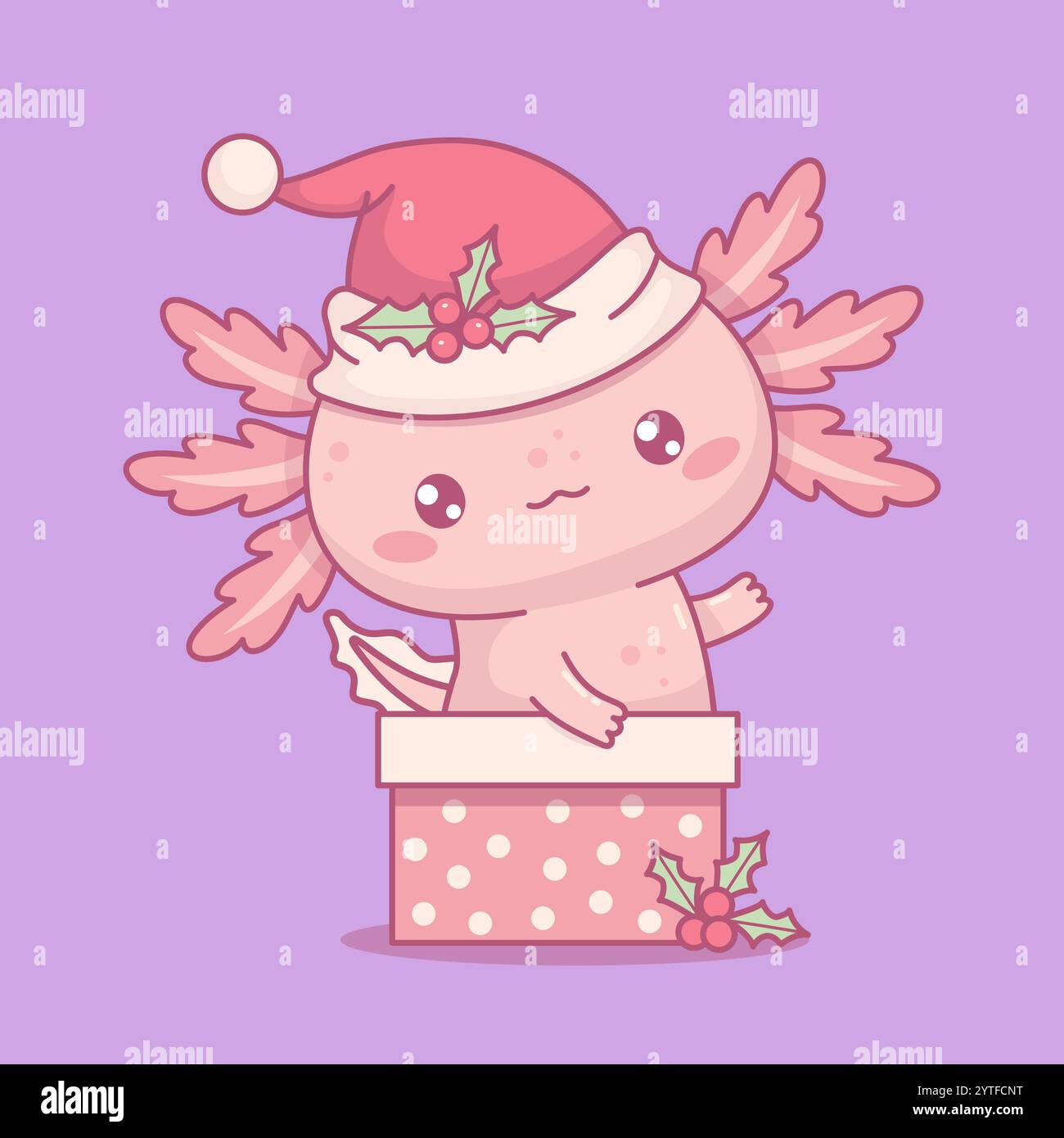 Cute Christmas Axolotl. Little cartoon pink kawaii character wearing ...