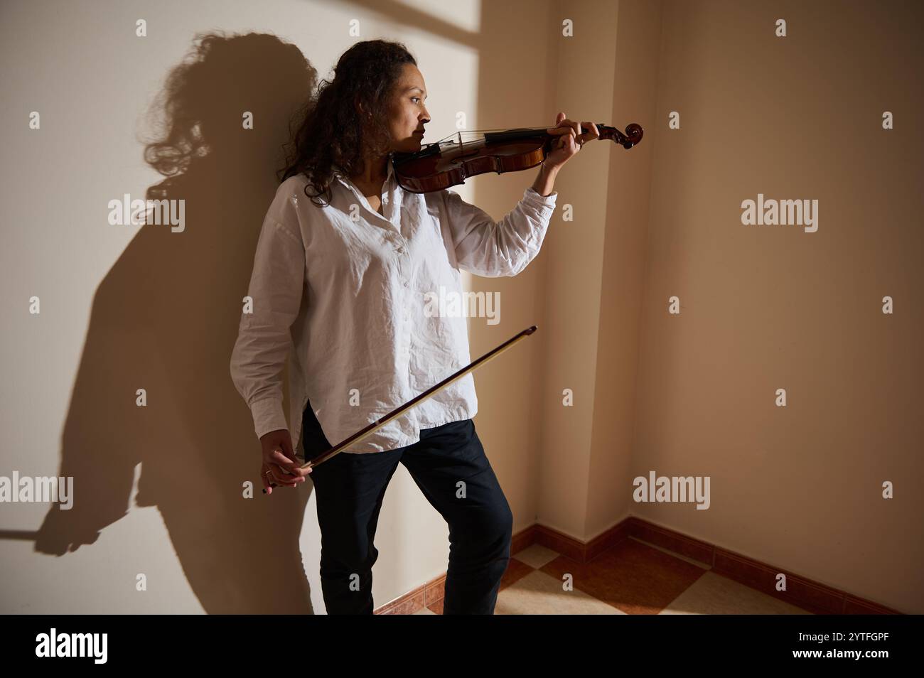 A musician playing the violin, casting a dramatic shadow on the wall in ...