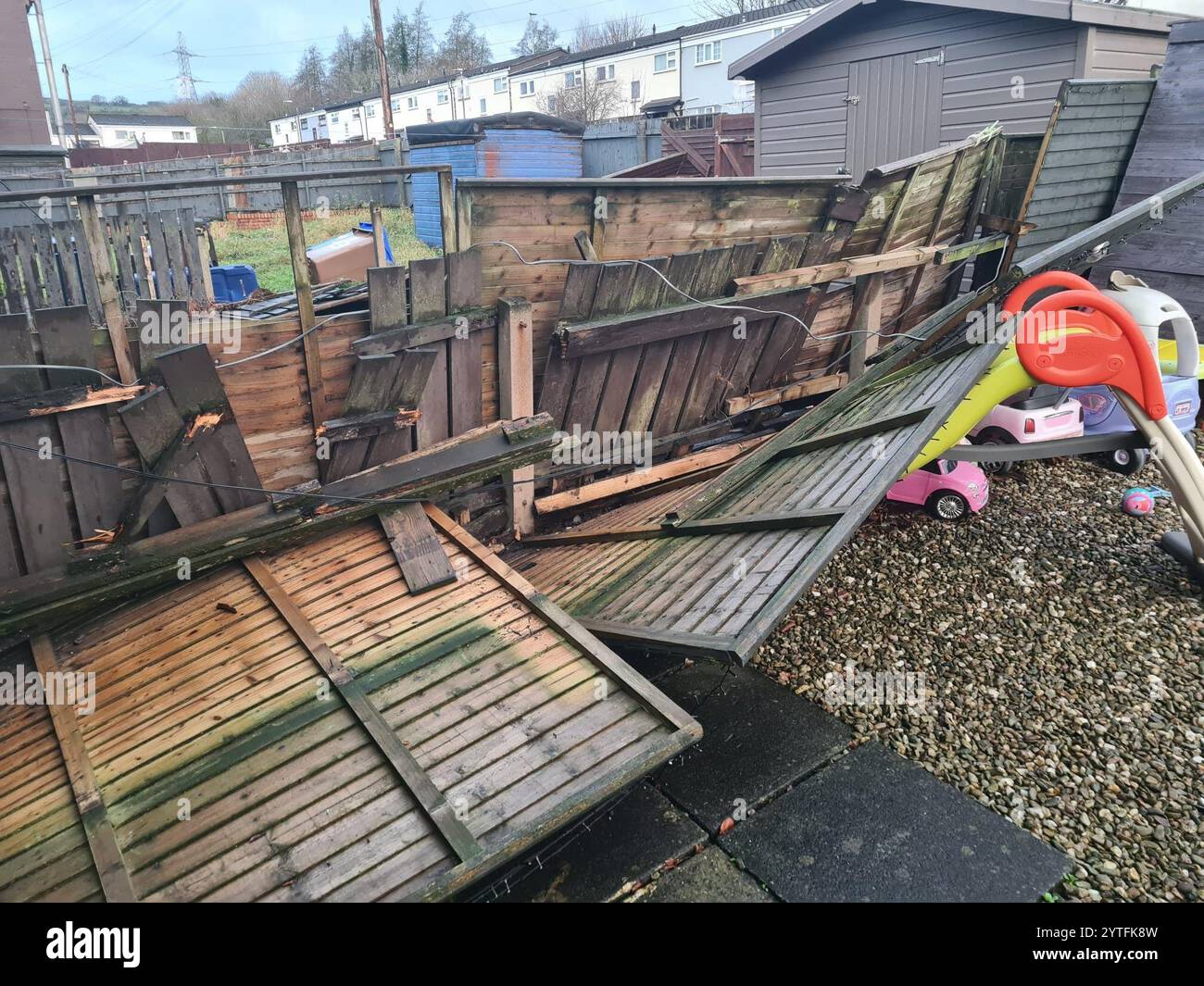 Damage caused by Storm Darragh in the back garden of a house in the ...