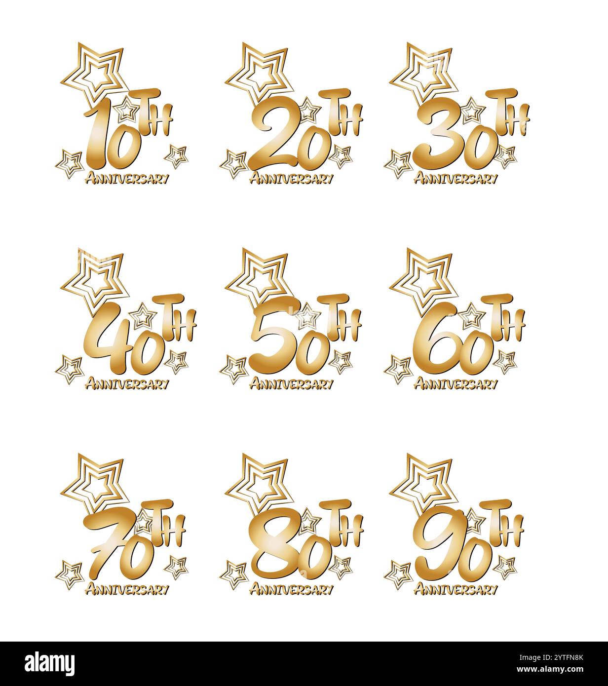 Golden anniversary logos celebrating 10th to 90th milestones with stars ...