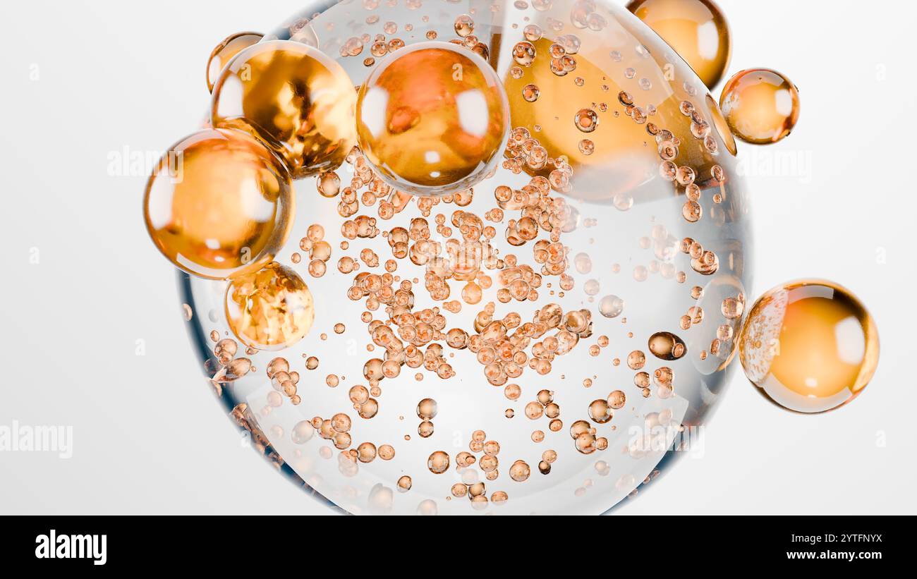 Essential Oil Bubbles for cosmetics in water. blue liquid bubbles ...