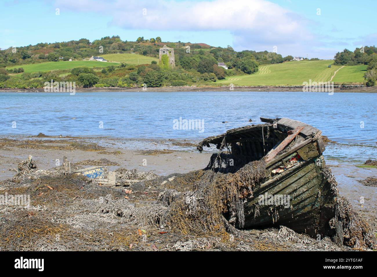 Broken rowboat on the beach in west Cork covered with seaweed and sand ...