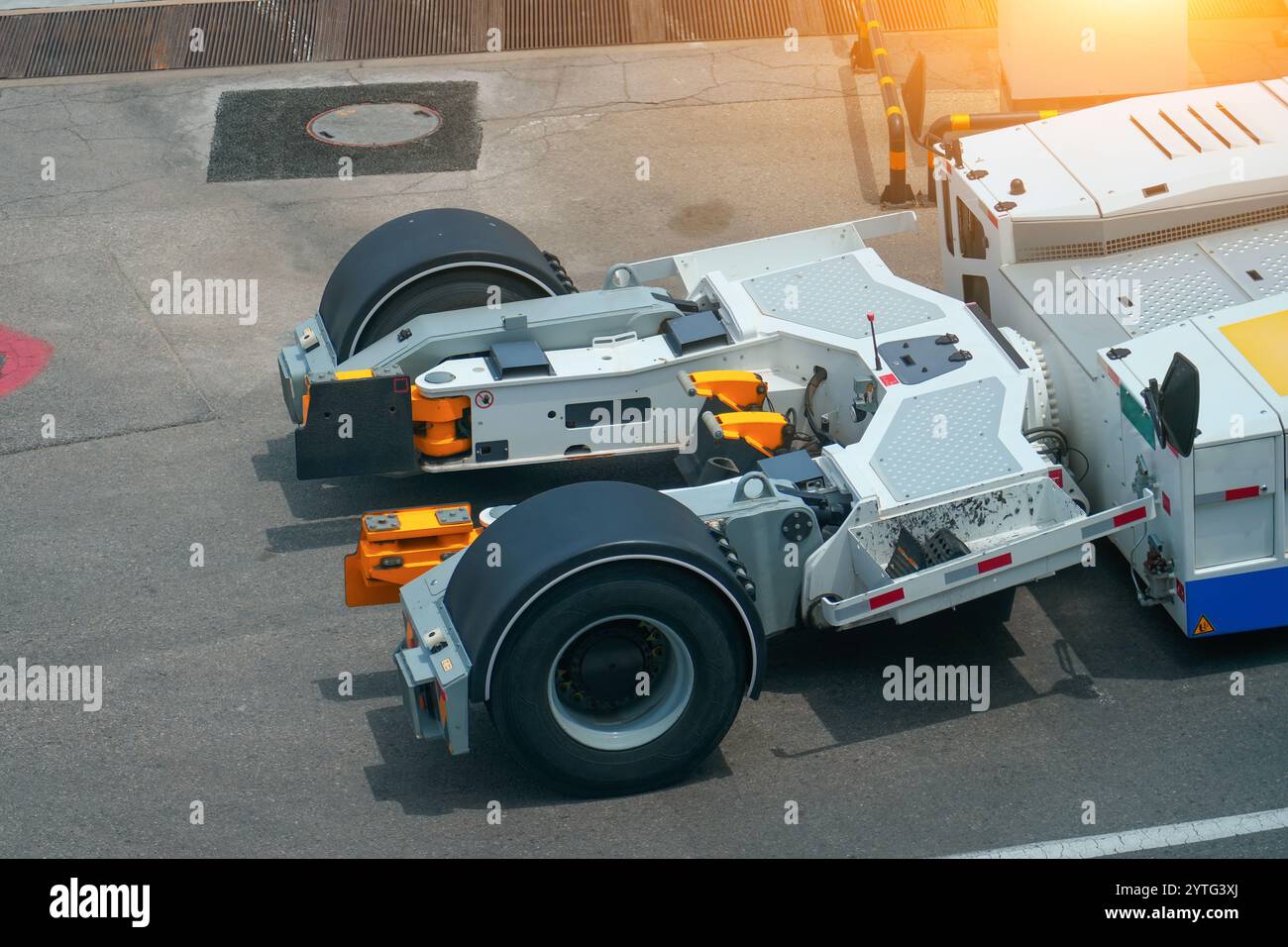 Tow truck vehicles trailer for push back plane at the airfield Stock ...
