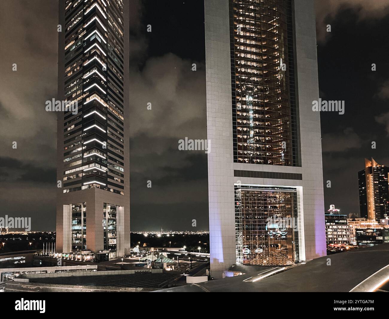 Aerial view at night of the iconic Sheikh Zayed road Skyscrapers and ...