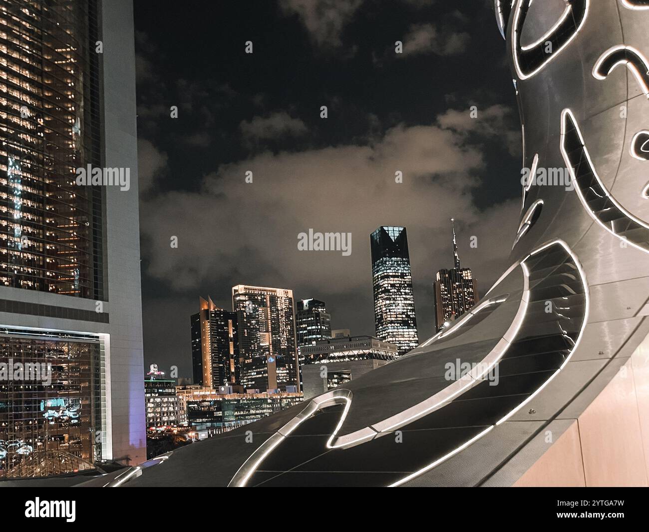 Aerial view at night of the iconic Sheikh Zayed road Skyscrapers and ...