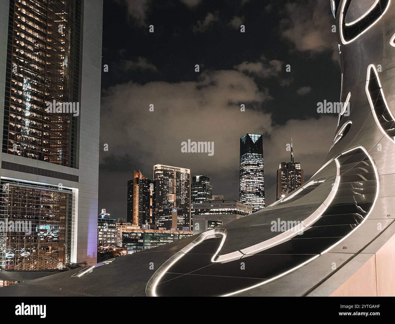 Aerial view at night of the iconic Sheikh Zayed road Skyscrapers and ...