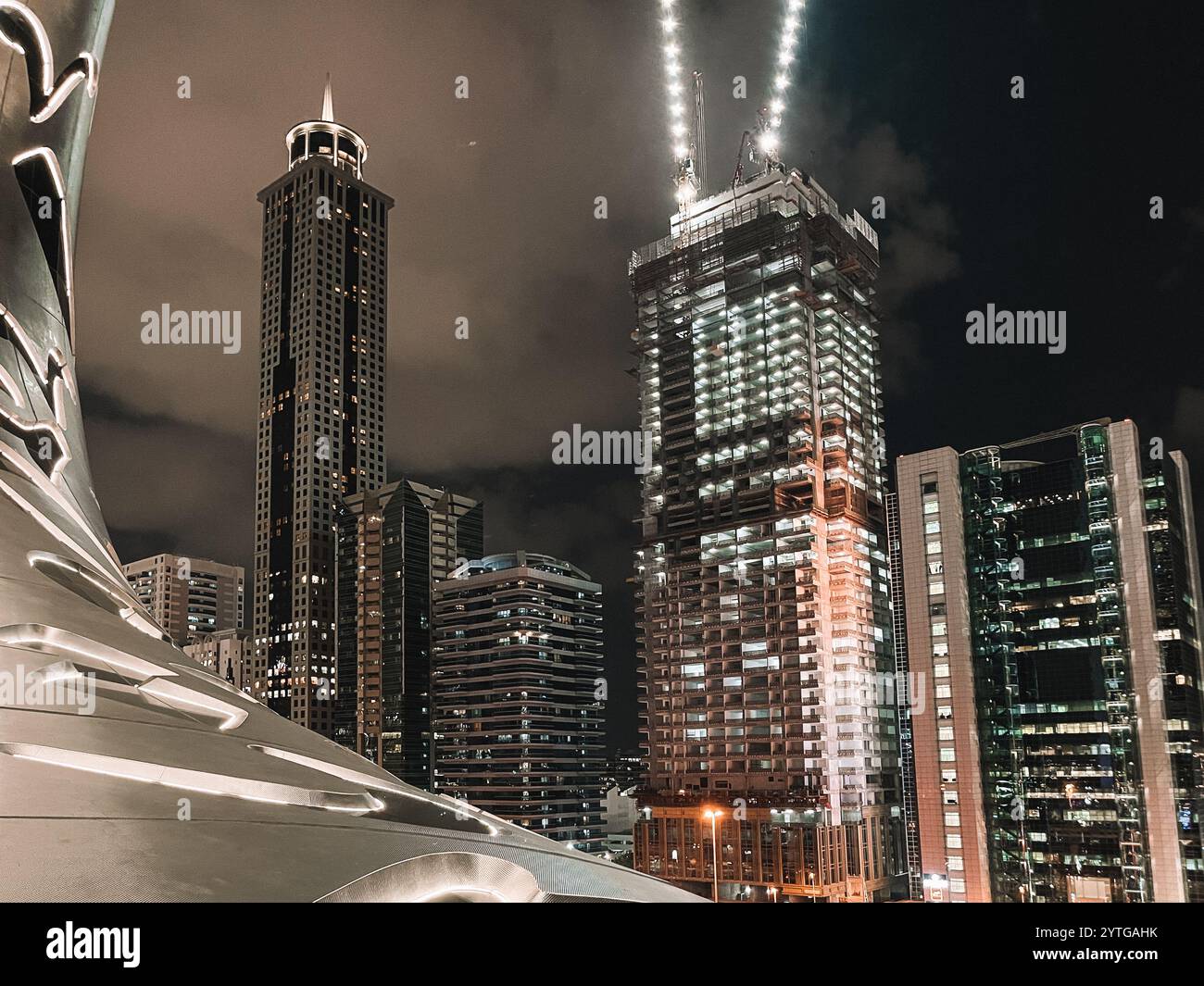 Aerial view at night of the iconic Sheikh Zayed road Skyscrapers and ...