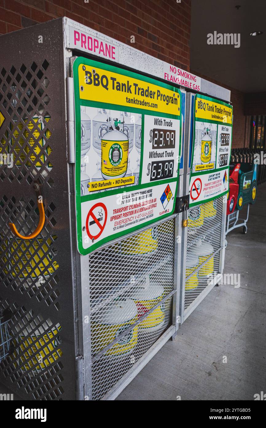 Shiloh, IL—Oct 12, 2024; propane gas canister in locked cabinet outside ...