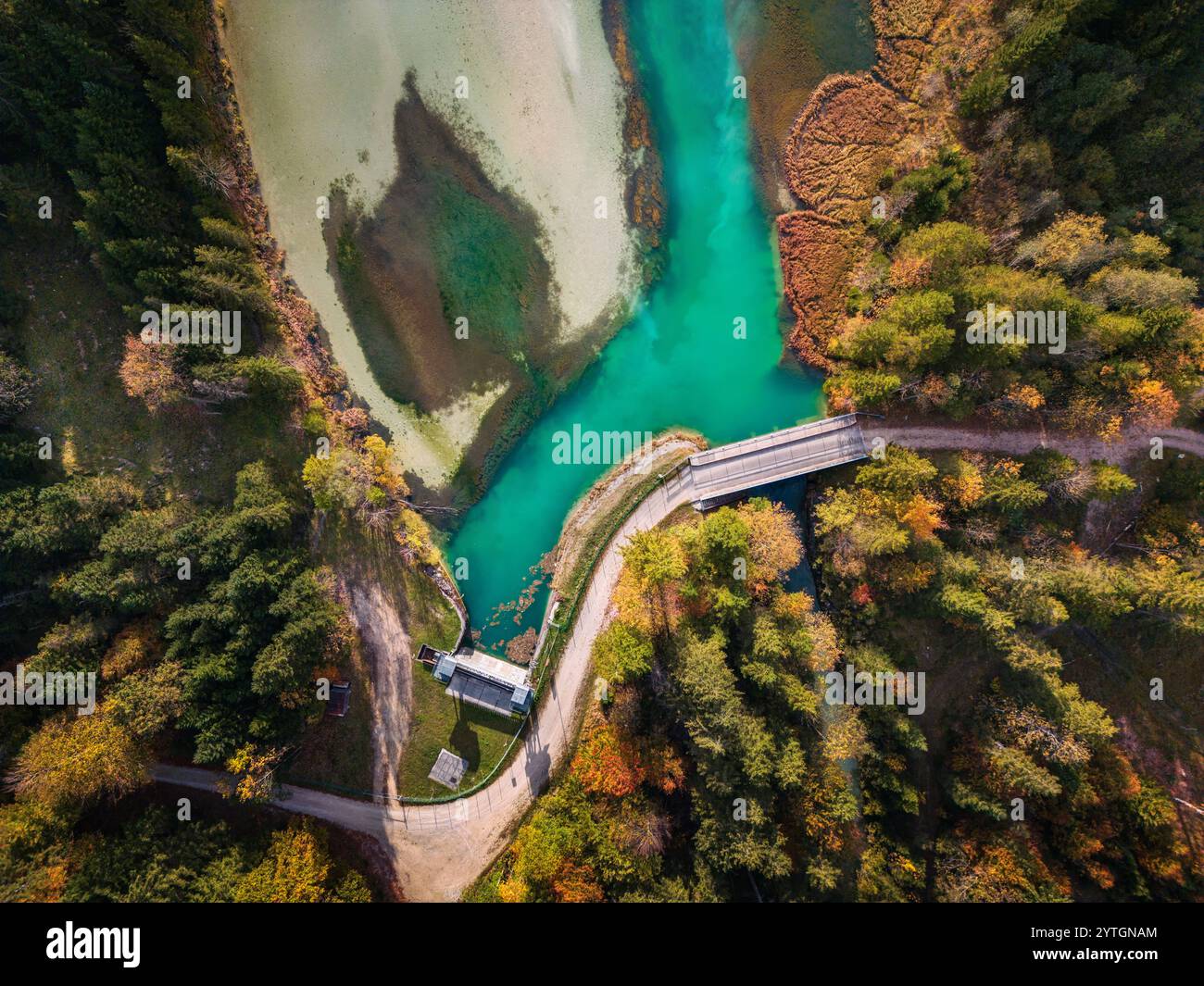 Aerial View of Bridge and Turquoise River in Sylvenstein Lake Area ...