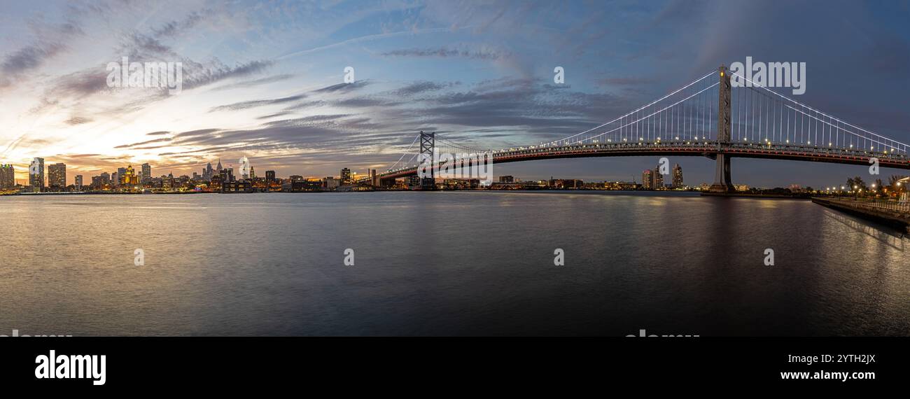 Panorama of the Benjamin Franklin Bridge and the skyline of ...