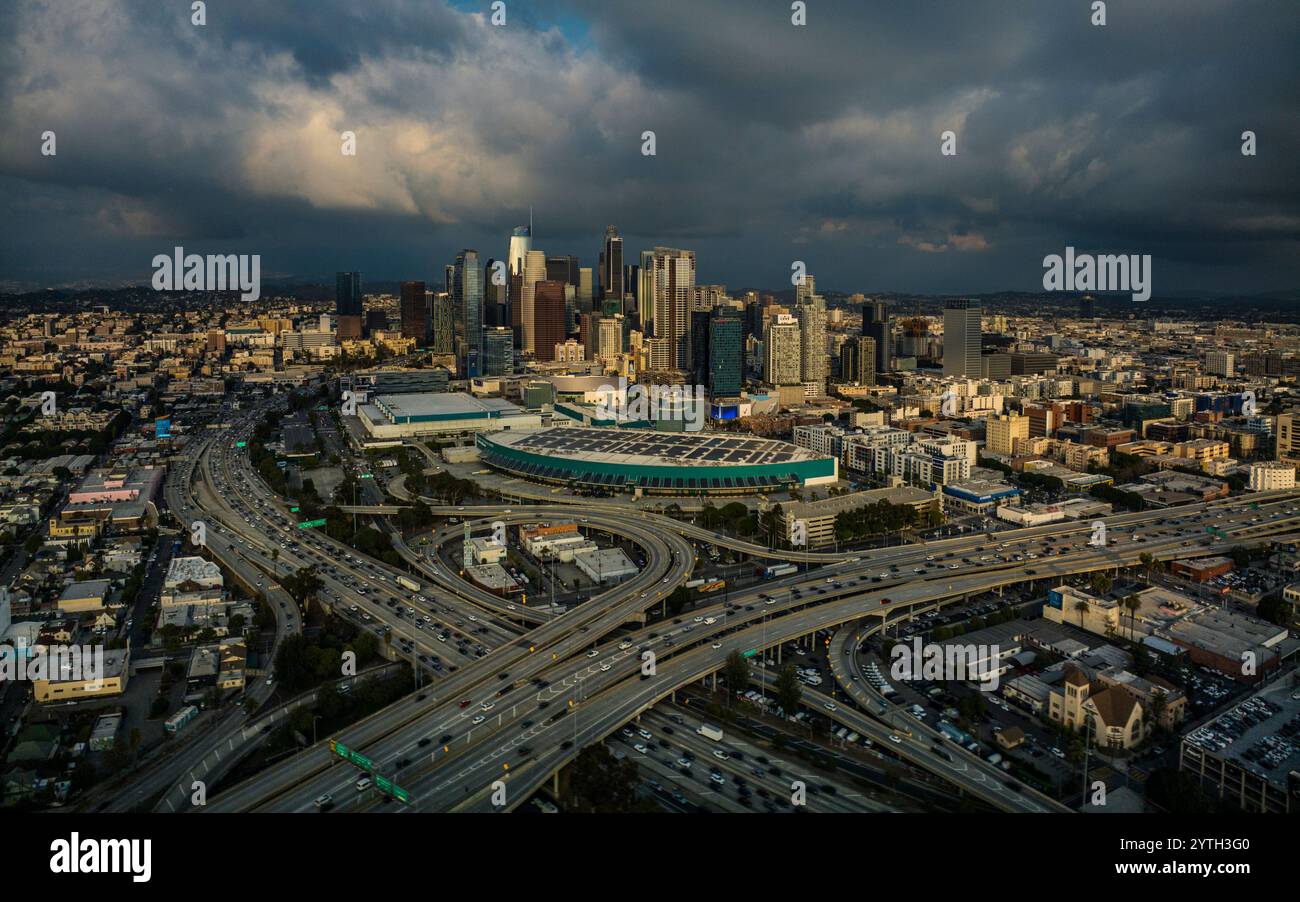 JANUARY 2024, LOS ANGELES, CA. - aerial view of LA Skyline & Convention ...