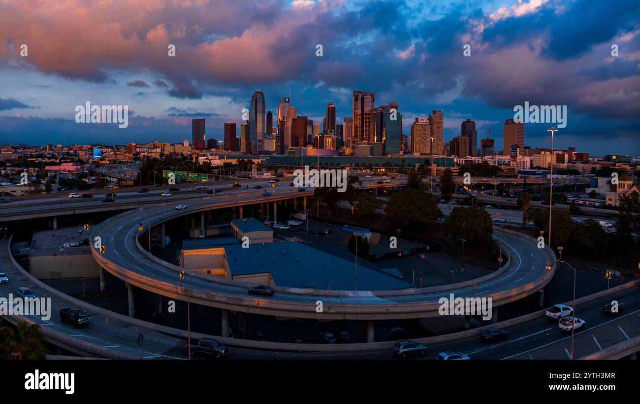 JANUARY 2024, LOS ANGELES, CA. - aerial view of LA Skyline at sunset ...