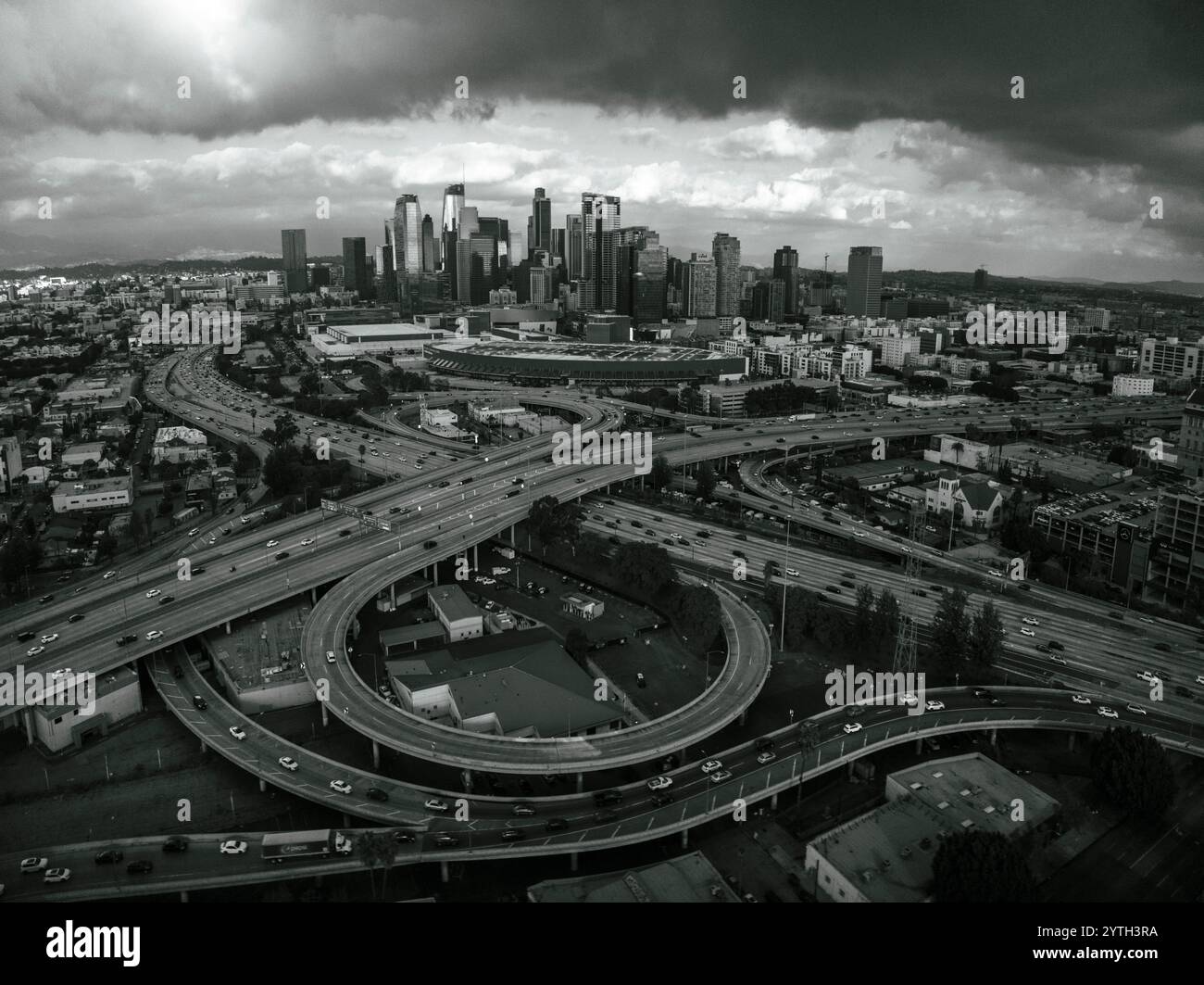 JANUARY 2024, LOS ANGELES, CA. - aerial view of LA Skyline at sunset ...