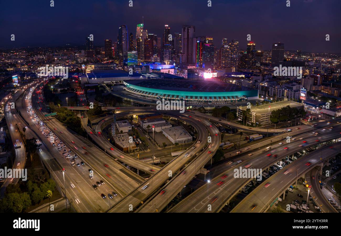 JANUARY 2024, LOS ANGELES, CA. - aerial view of LA Skyline & Convention ...