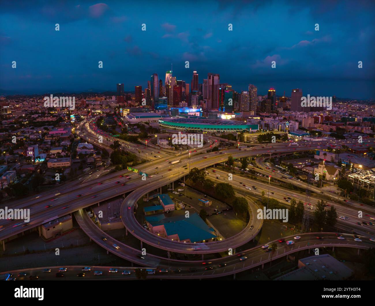 JANUARY 2024, LOS ANGELES, CA. - aerial view of LA Skyline & Convention ...