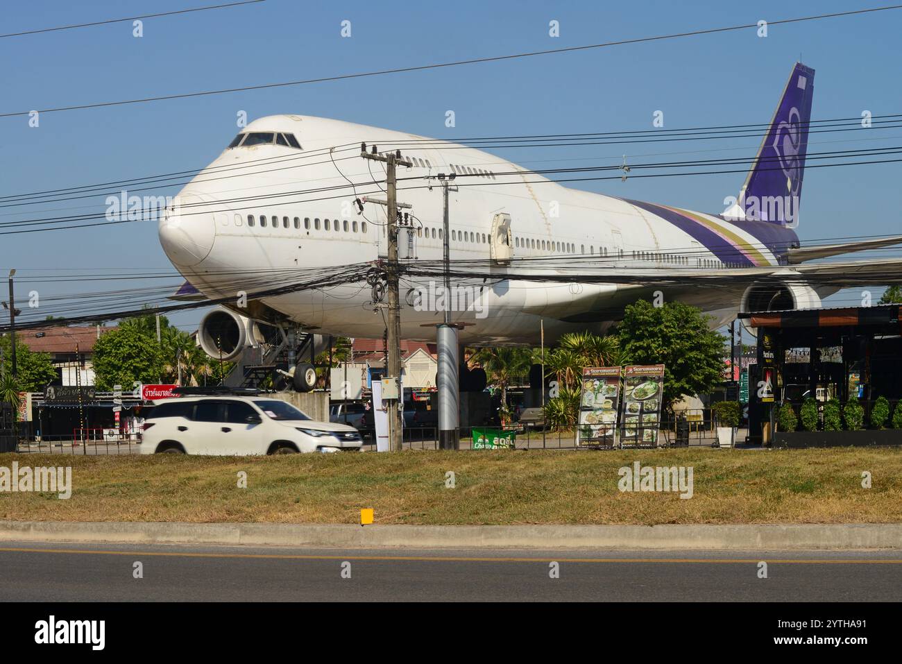 old thai airways boeing 747 airliner used as restaurant at roadside ...