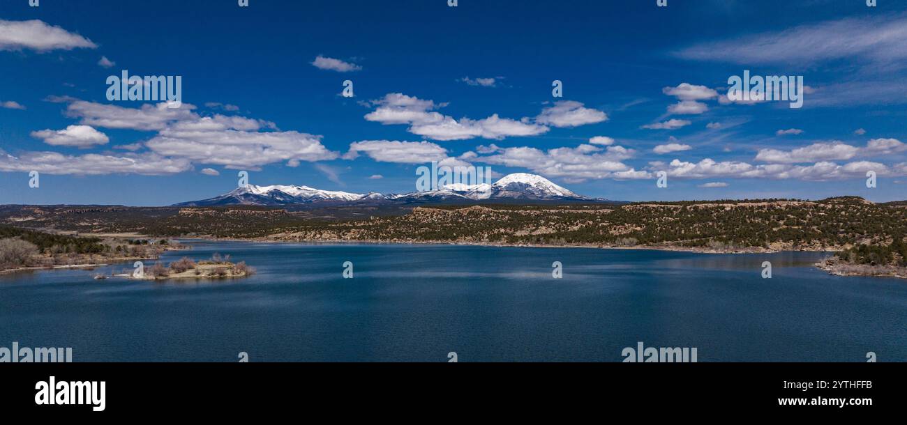 MARCH 2024, BLANDING, UTAH BORDER - USA - near Blanding shows Recapture Reservoir Lake with snow ...