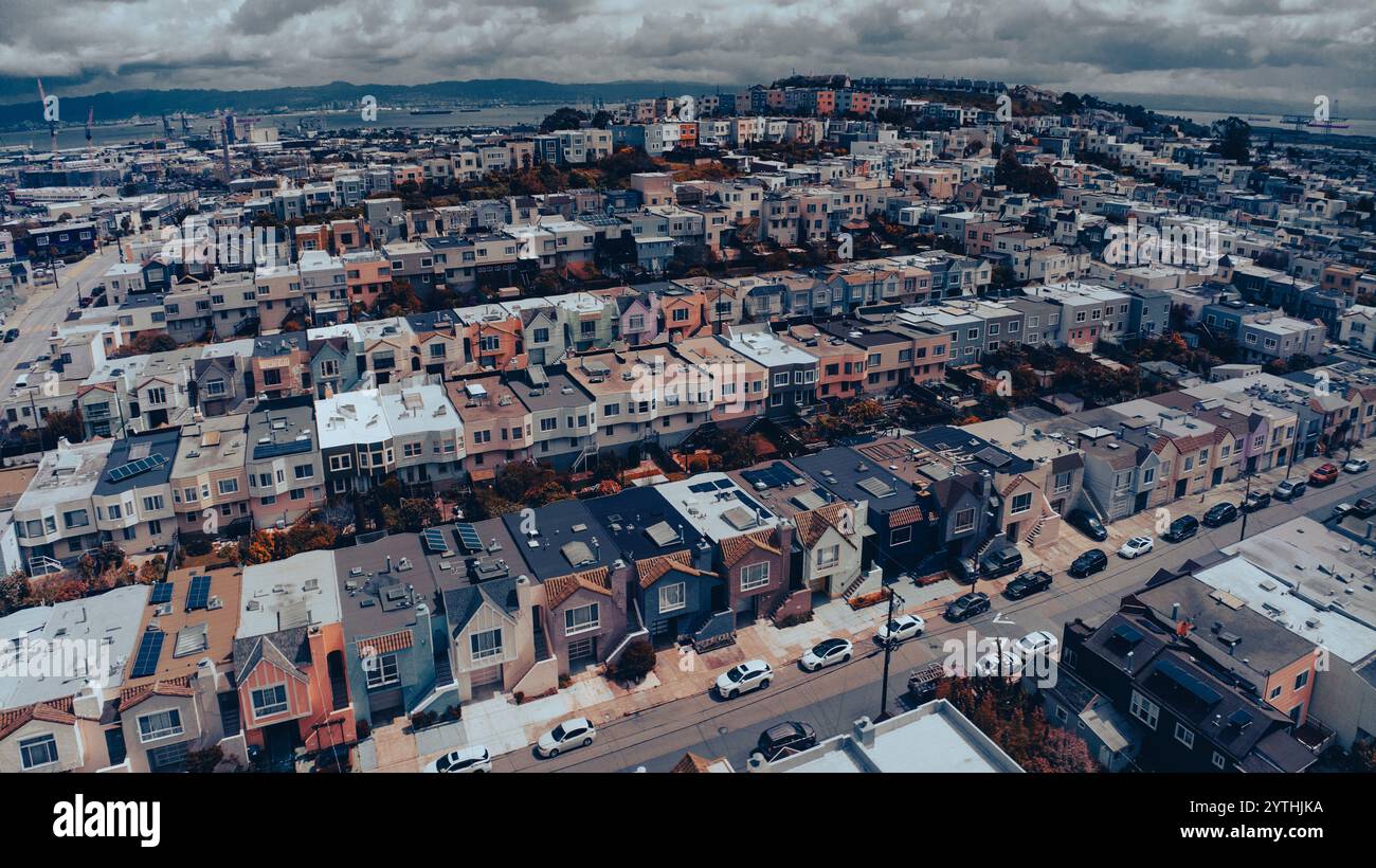 APRIL 4, 2024, PORTOLA, SAN FRANCISCO, CA - aerial of row houses of ...