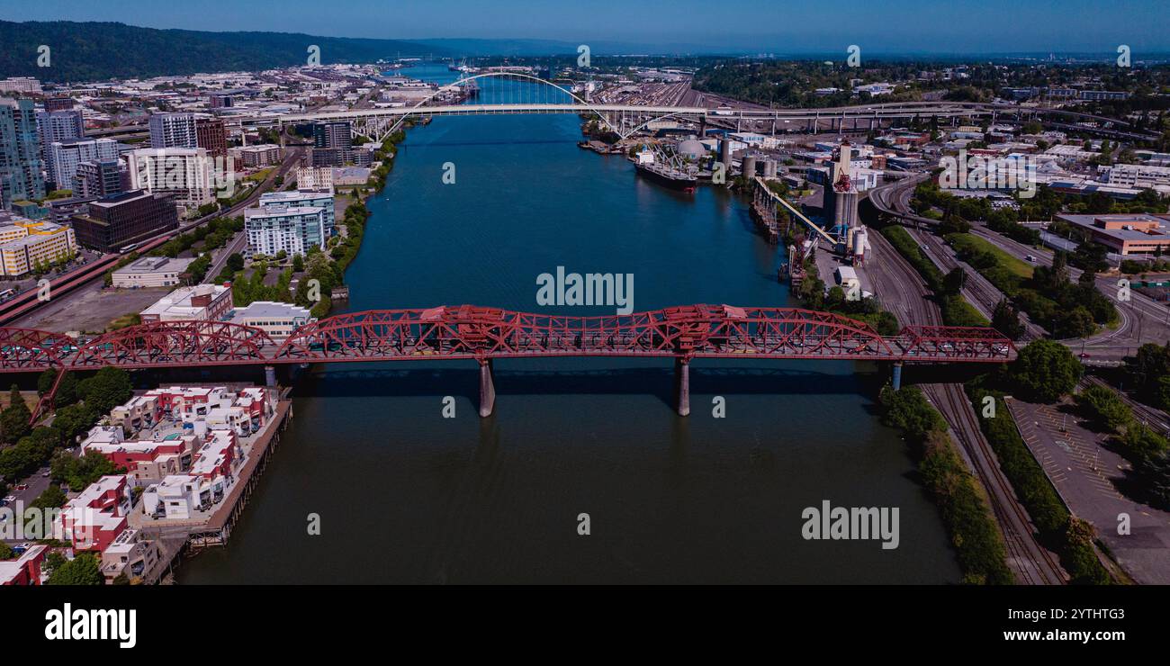 MAY 2024, PORTLAND OREGON, USA - aerial view of Willamet River and red ...