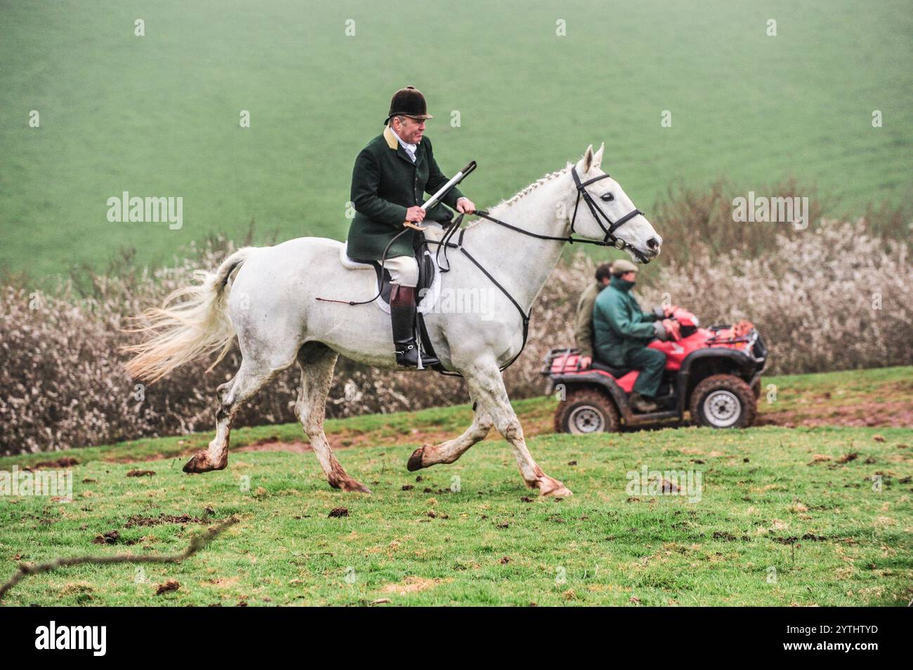 white male, riding a grey horse hunting, with a quad bike and riders in ...