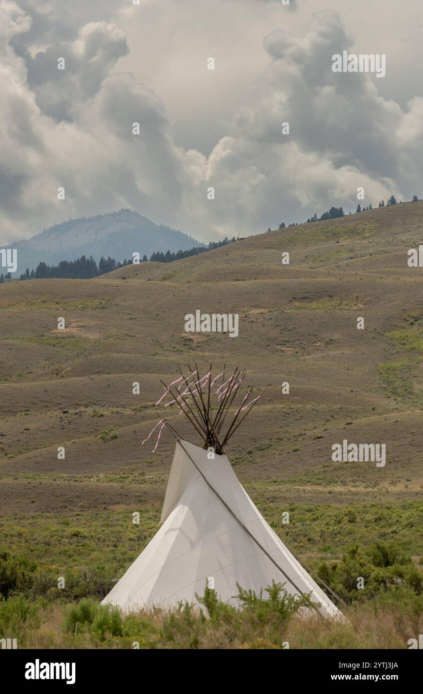 Single Teepee With Pink Ribbons At The Top Sits In Field Outside Gardiner, Montana Stock Photo ...