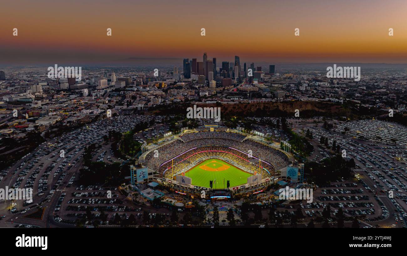 JUNE 21, 2024 - LOS ANGELES, CA. USA - Aerial of Dodger Stadium shows ...