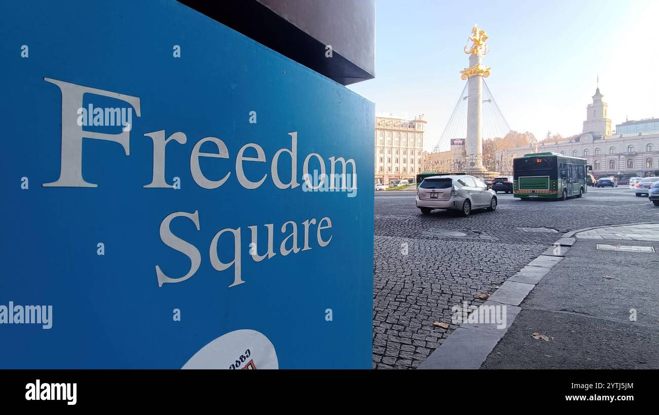 Freedom Square sign on Tbilisi central square. View of sculpture ...