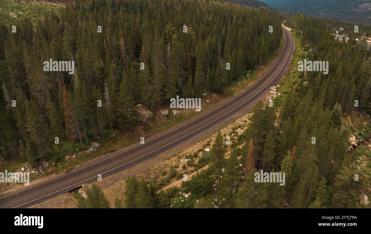 JULY 2024 - SODA FLATS, CA. - train tracks through Pine Trees near Soda Flats off Donners Pass ...