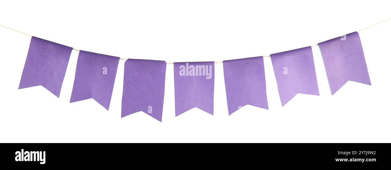Purple party flags isolated on white. Festive decor Stock Photo - Alamy