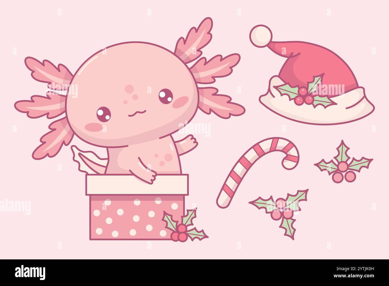 Cute Christmas Axolotl set. Little cartoon pink kawaii character in ...