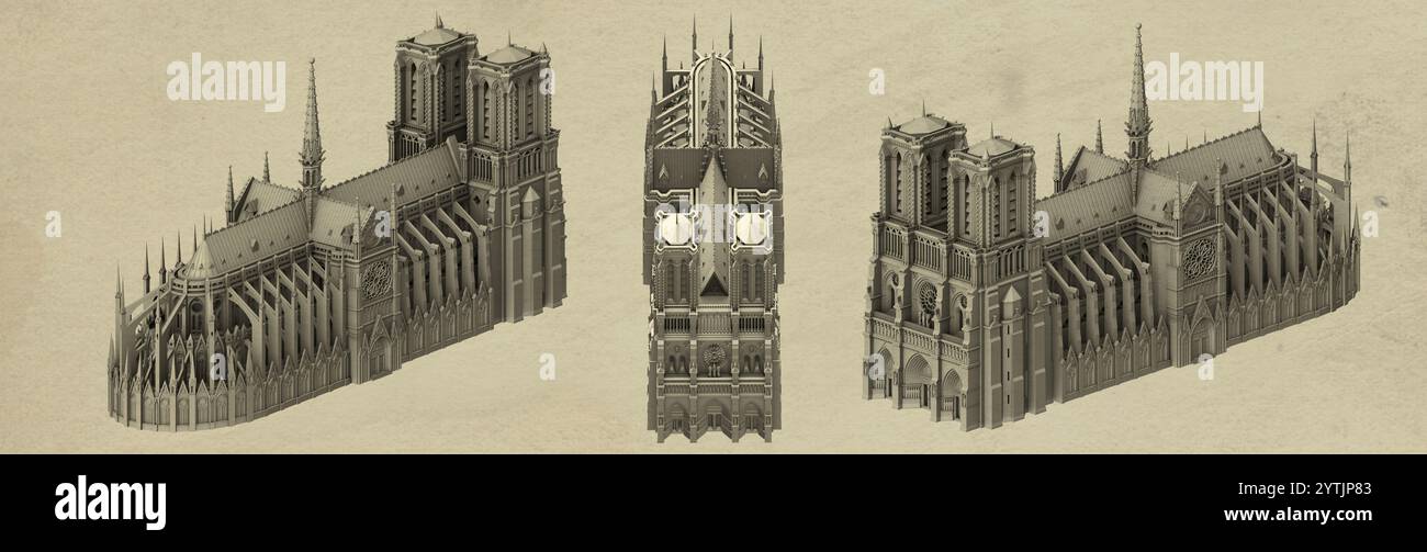 Planimetric views of Notre Dame Cathedral in Paris. Front, side, back ...