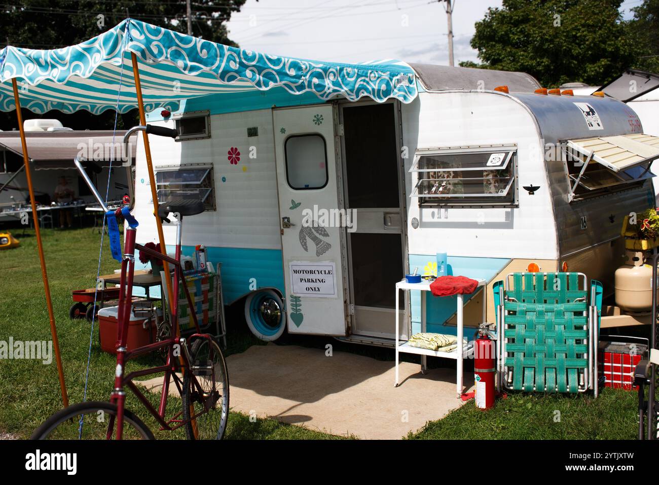 Old Vintage Camper at a Motorcycle show Stock Photo - Alamy