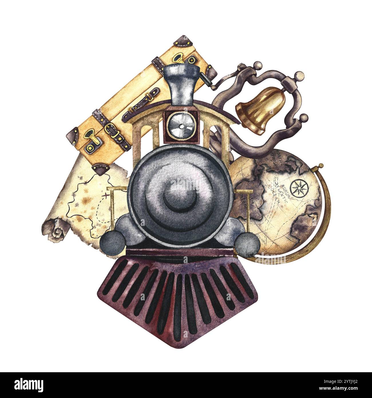 Traveling by train. Retro steam locomotive, suitcase, locomotive bell ...