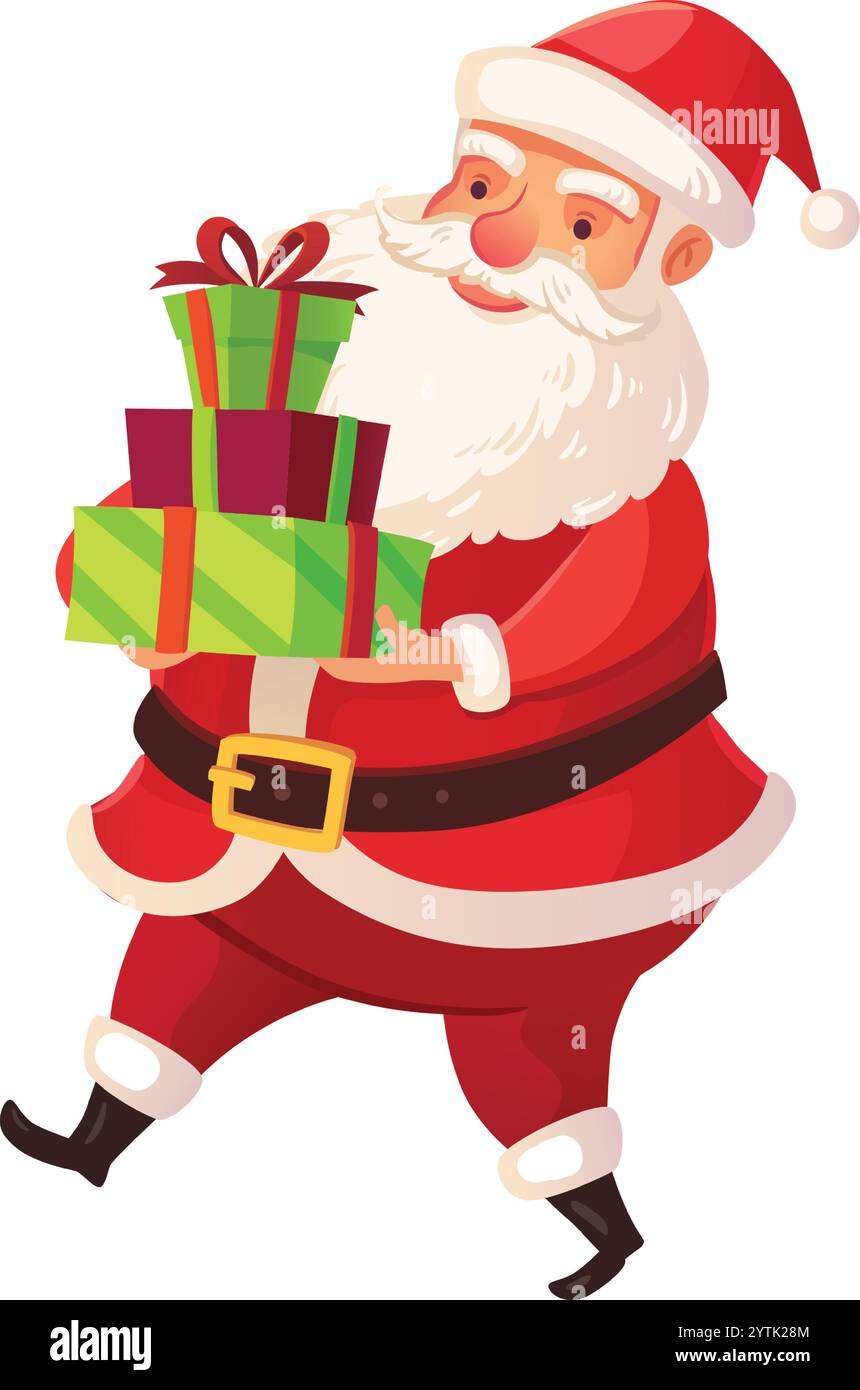 Santa claus walking joyfully while carrying a stack of colorful ...