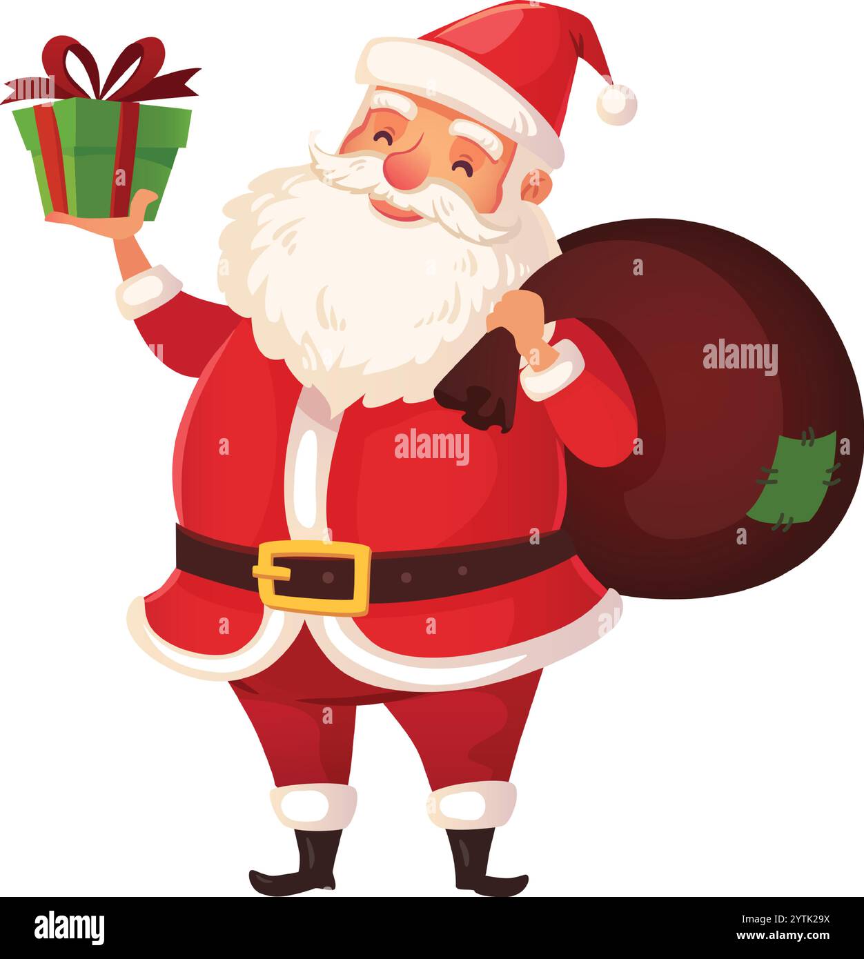 Santa claus, smiling joyfully, holds a colorful christmas gift and a ...