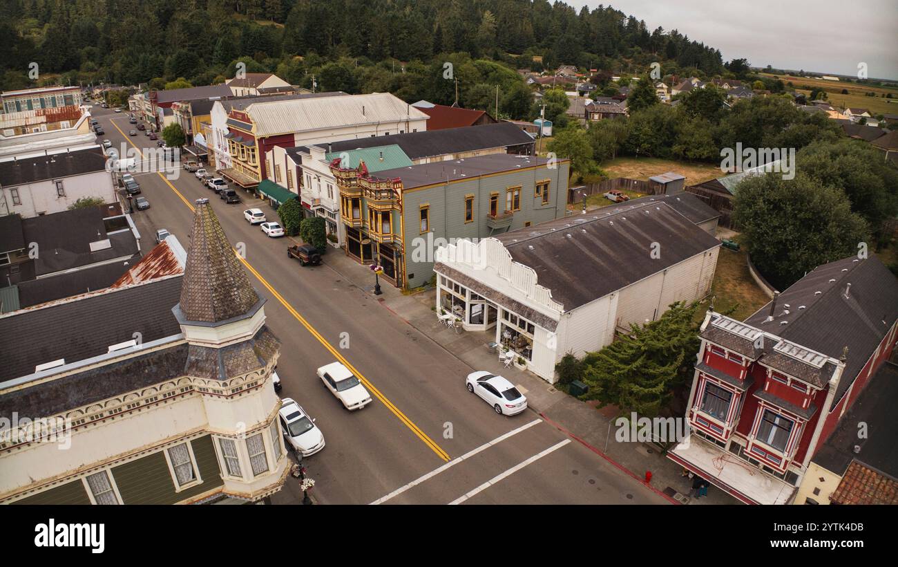 JULY 2024, FERNDALE, CALIFORNIA - aerial view of Victorian town ...