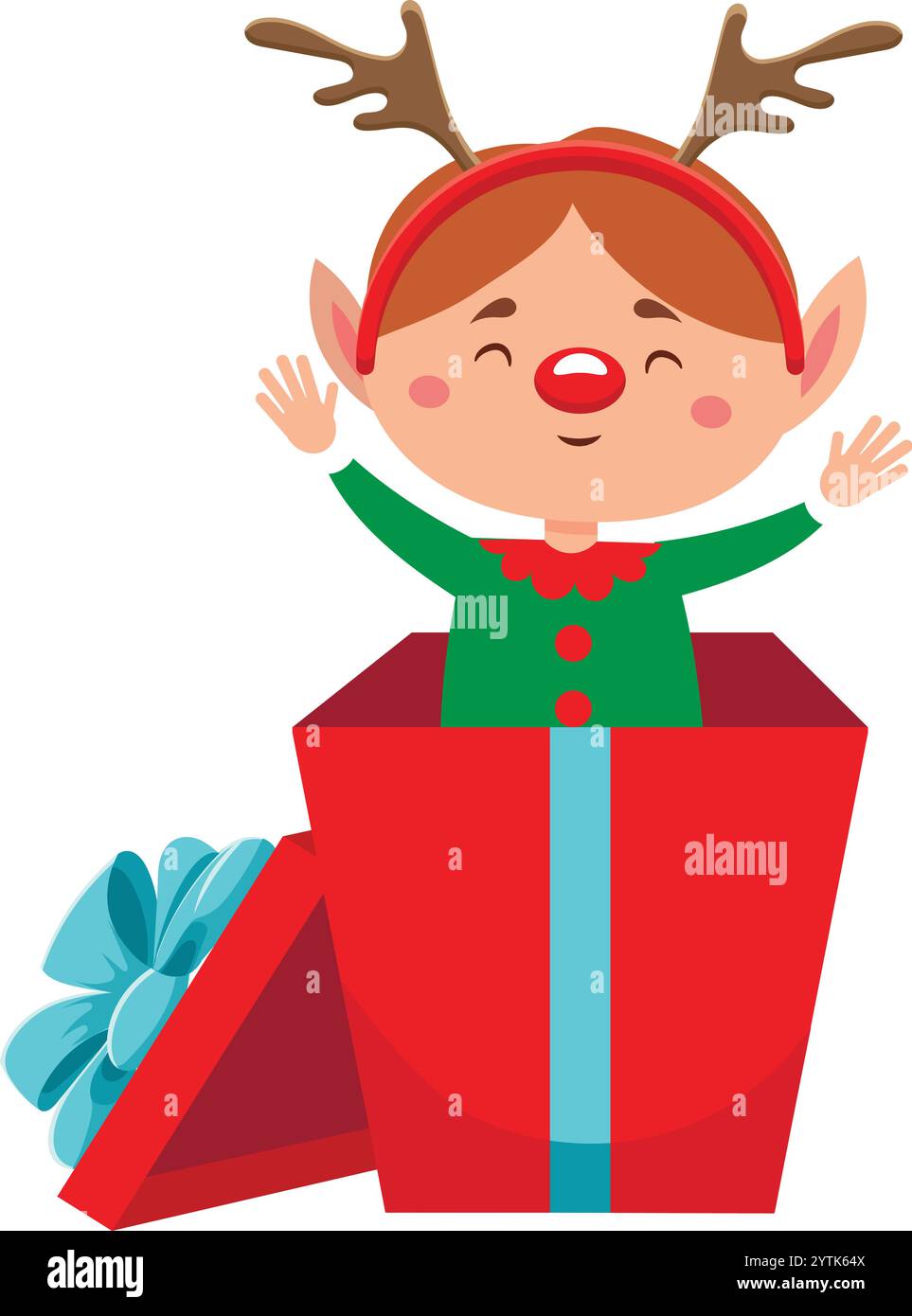 Happy christmas elf popping out of a vibrant red gift box, wearing ...
