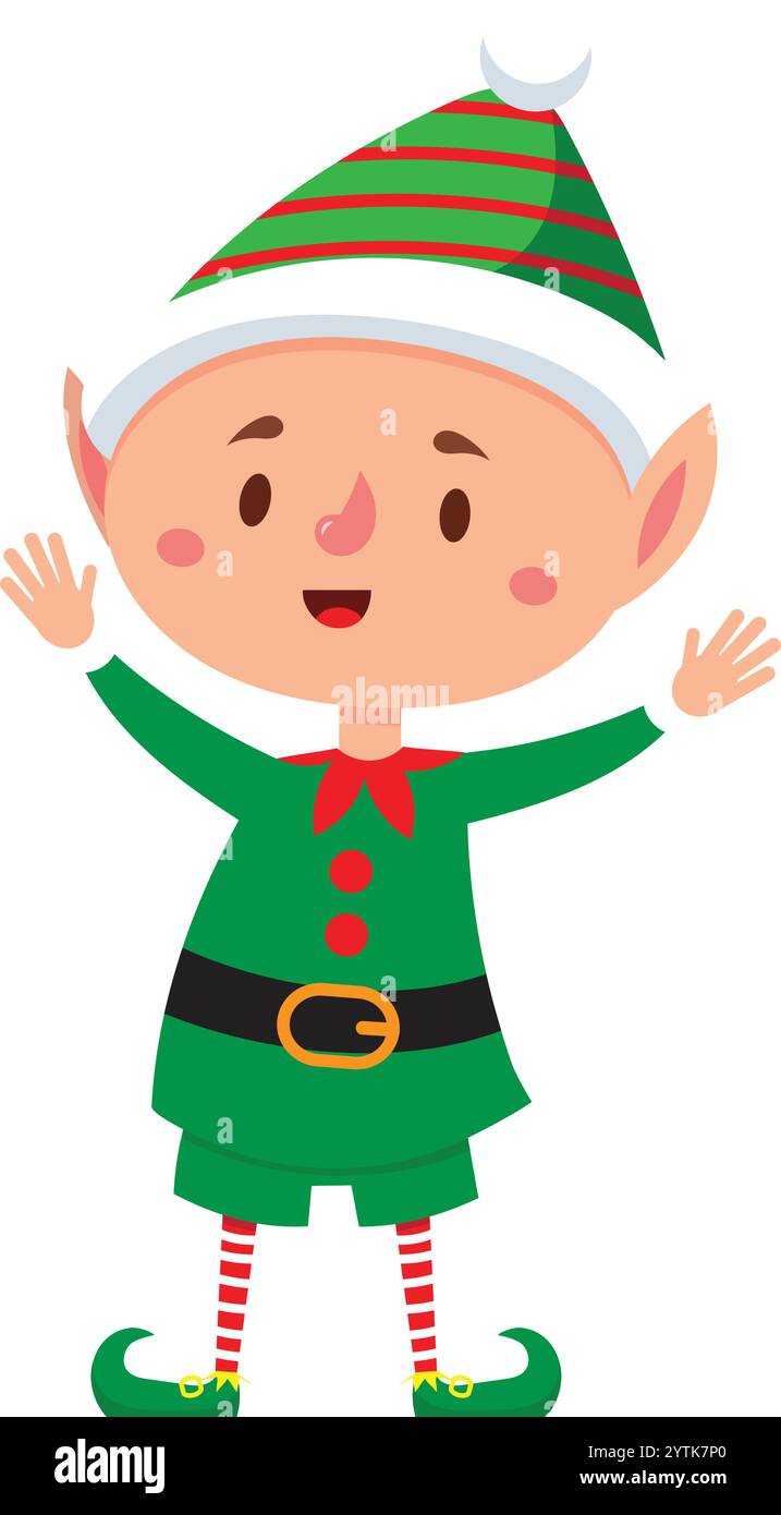 Cartoon christmas elf waving and smiling, wearing a green and red ...