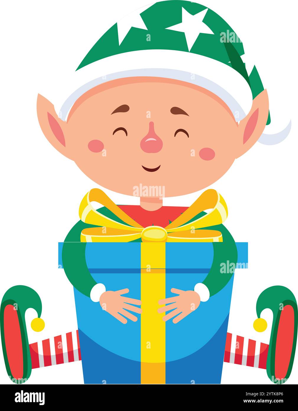 Cute christmas elf with green hat and pointy ears hugging a big blue ...