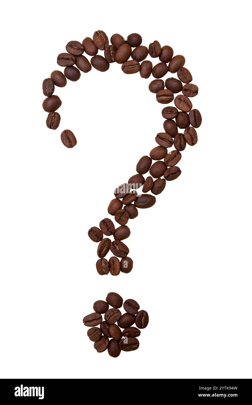 Coffee beans in shape of a question mark on a white background ...