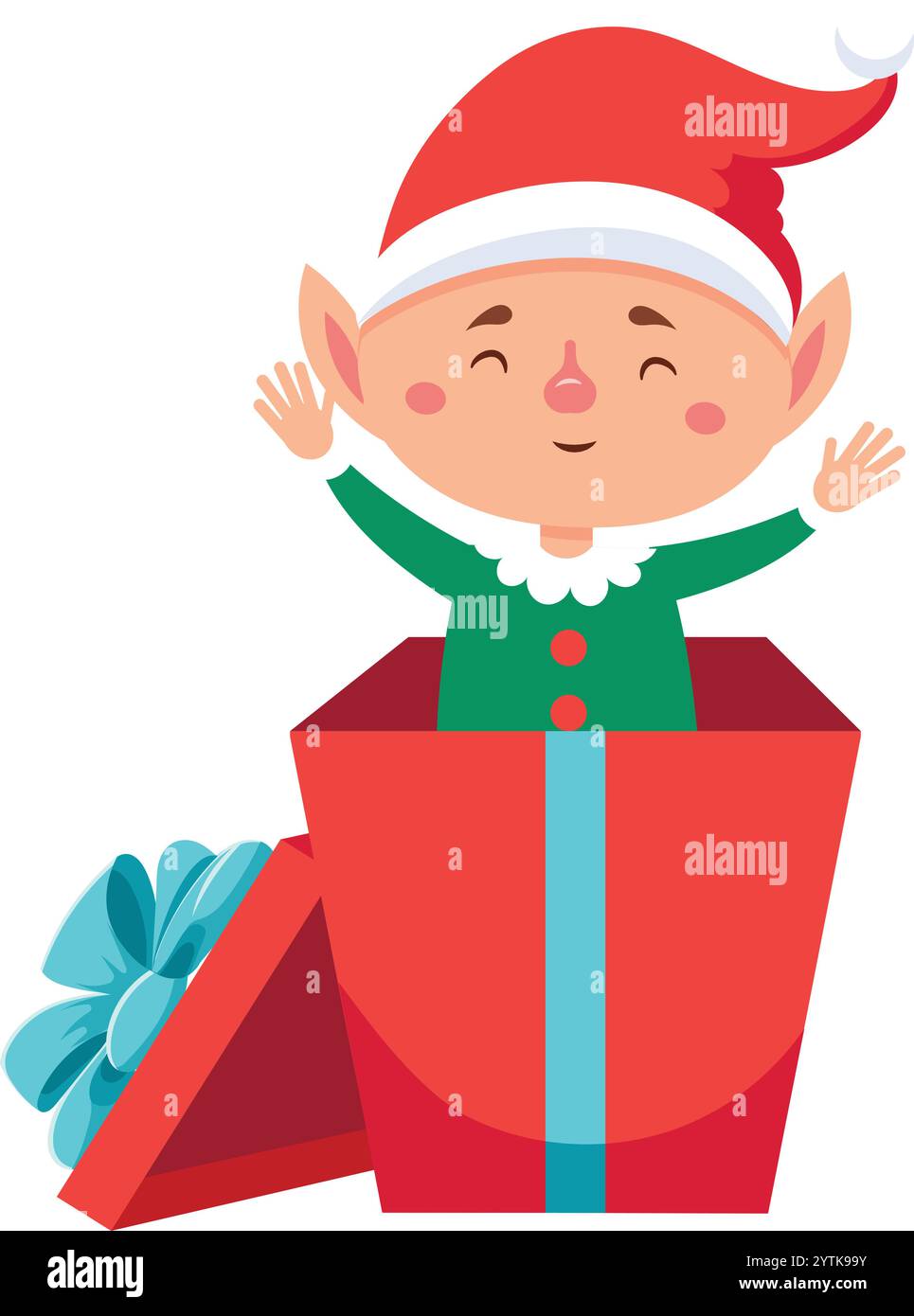 Cheerful christmas elf popping out of a vibrant red gift box, adorned ...
