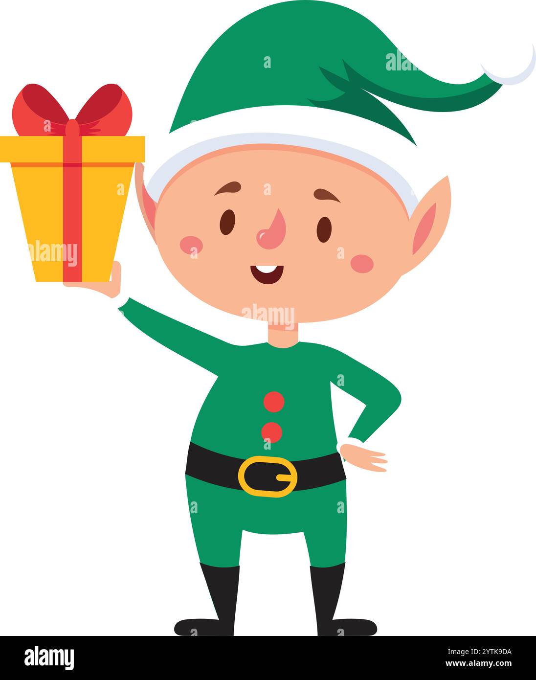 Happy christmas elf wearing a green costume and hat, holding up a ...