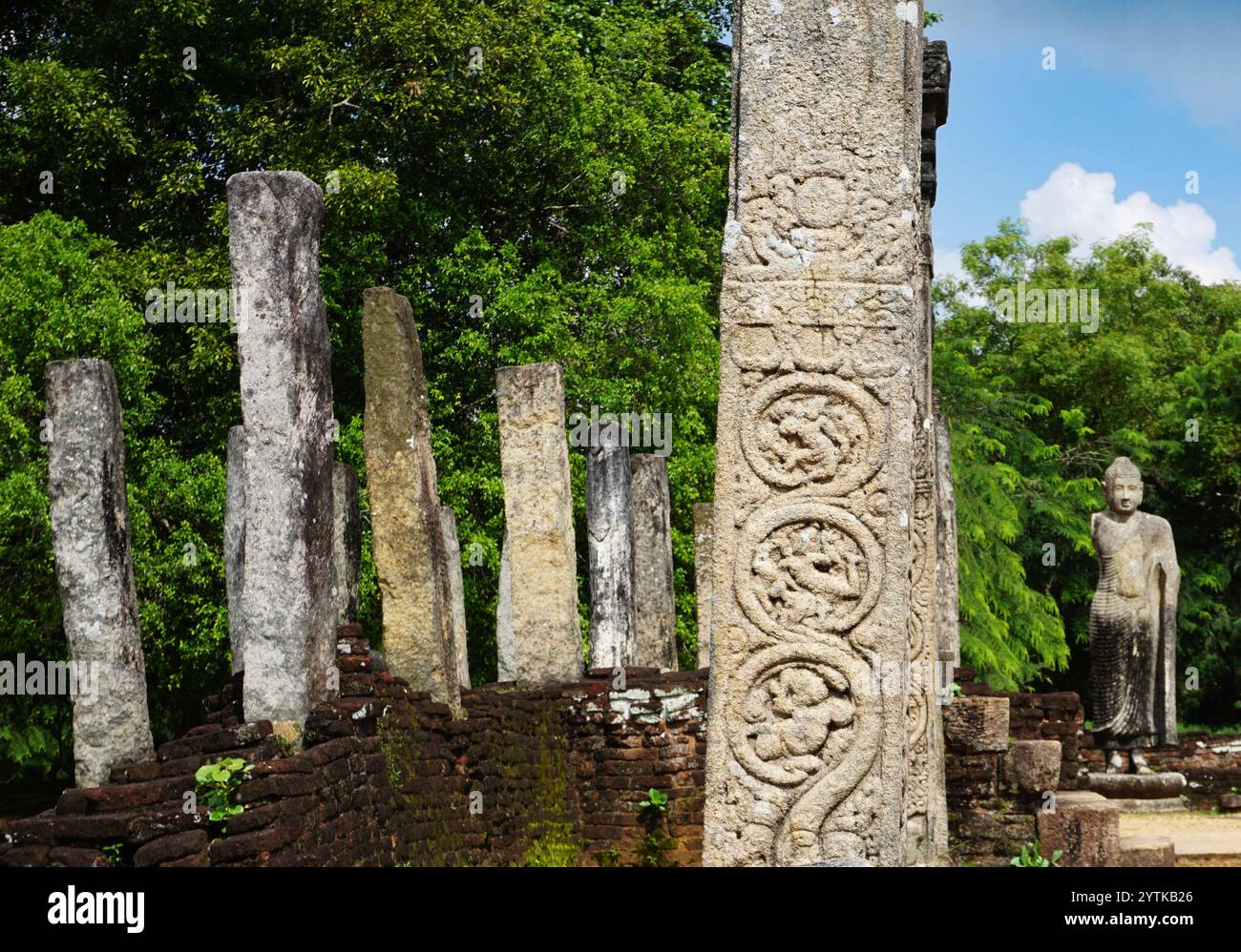 Intricate carvings on stone pillars at the ancient Atadage Shrine in ...