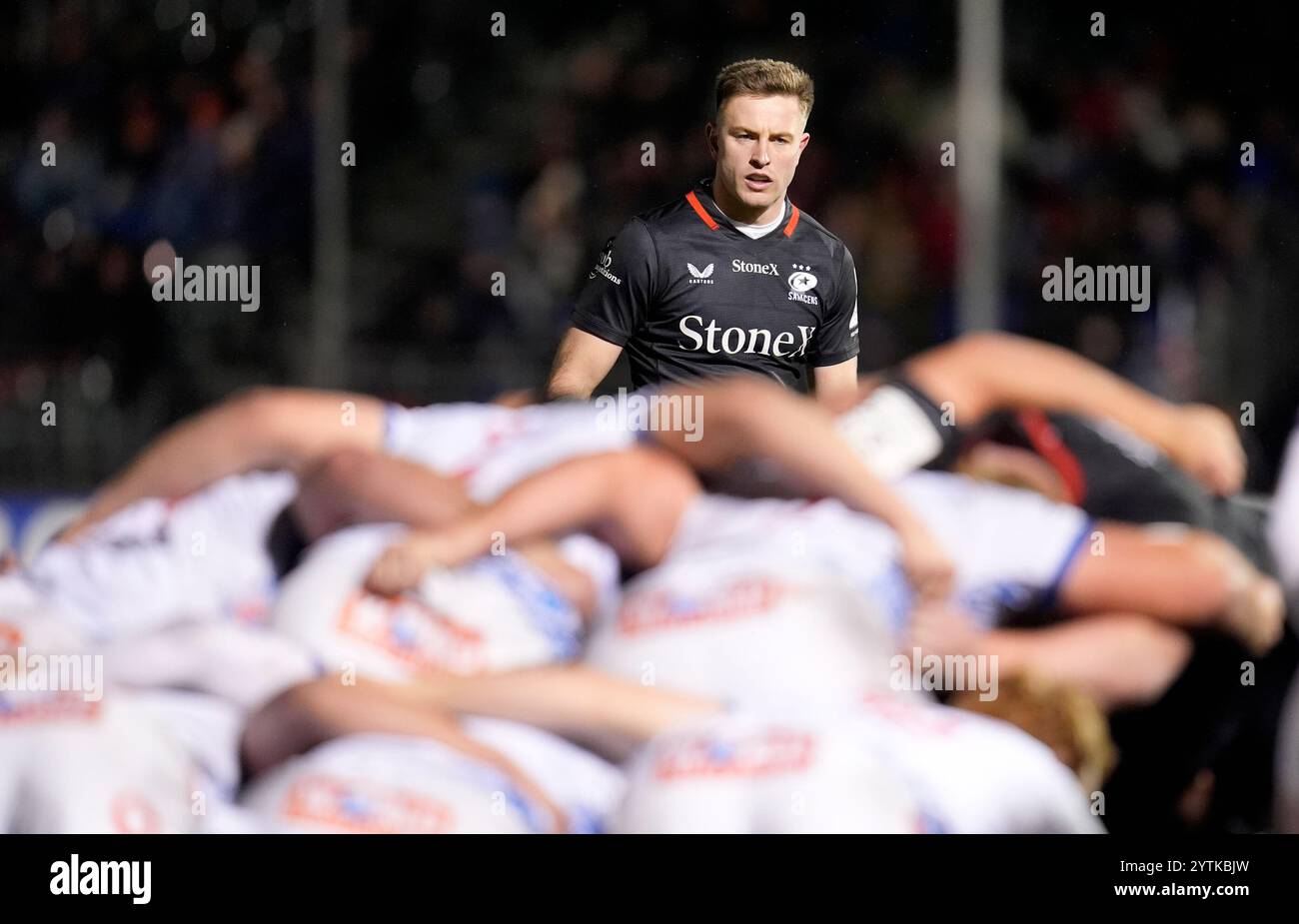 Saracens' Fergus Burke looks on as a scrum is contested during the ...