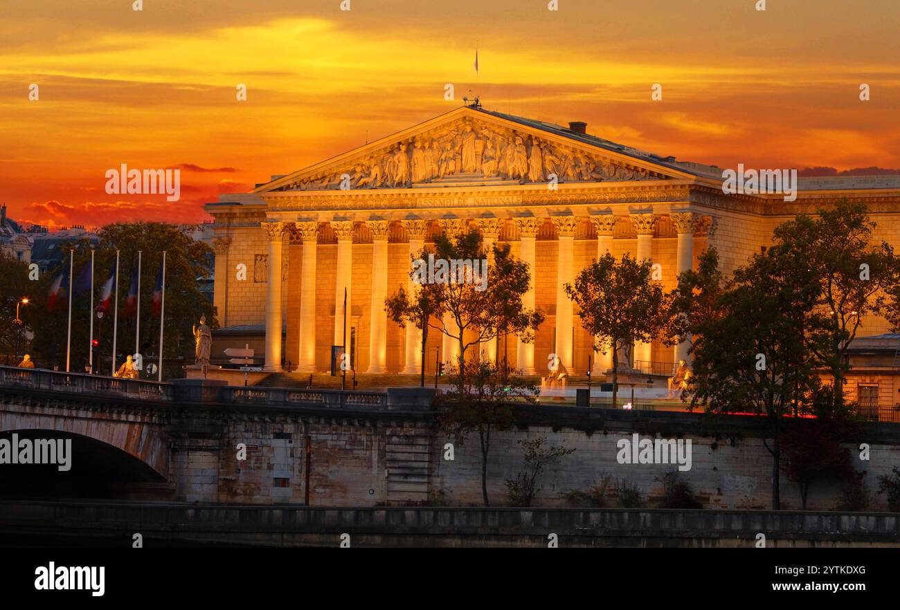 The French national Assembly-Bourbon palace at sunset. It is the lower ...