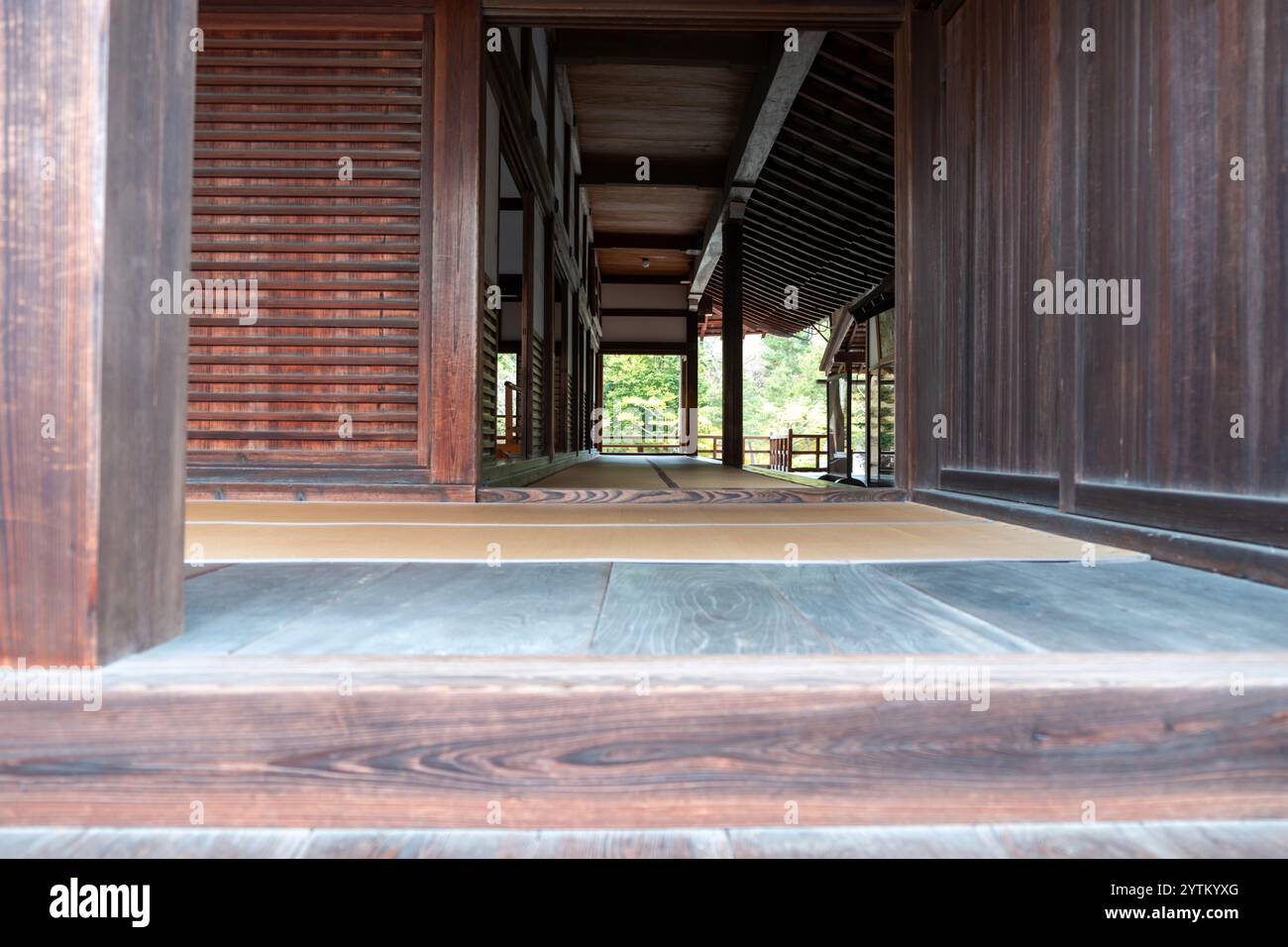 Traditional Japanese temple, shrine open walkway interior. tatami ...