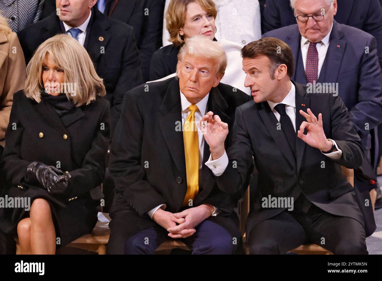 French President Emmanuel Macron, right, talks with US President-elect ...